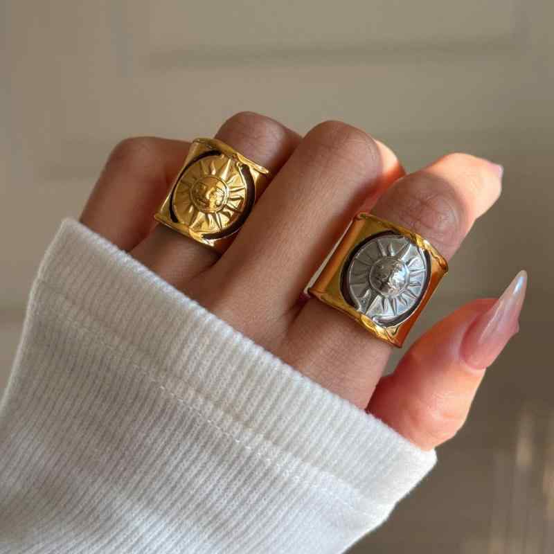 2指輪 18k 真鍮 電気メッキ加工 レトロ ヴィンテージ 太陽 月 モチーフ 幅広リング