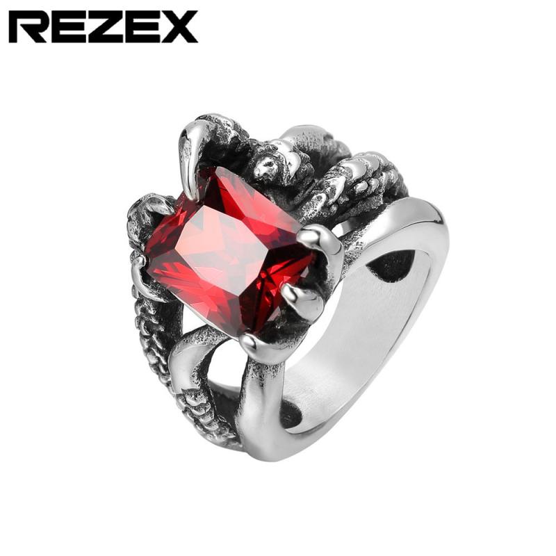 指輪 男性用 チタン鋼 ファッション レトロ レッド ルビー 鬼爪 ラッキーアイテム アクセサリー