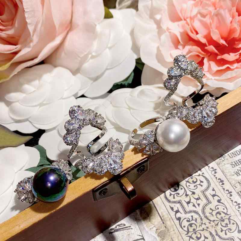 2指輪 レディース 18K 電気メッキ加工 ジルコニア パール 花びら リング 二連 パーティー 食指