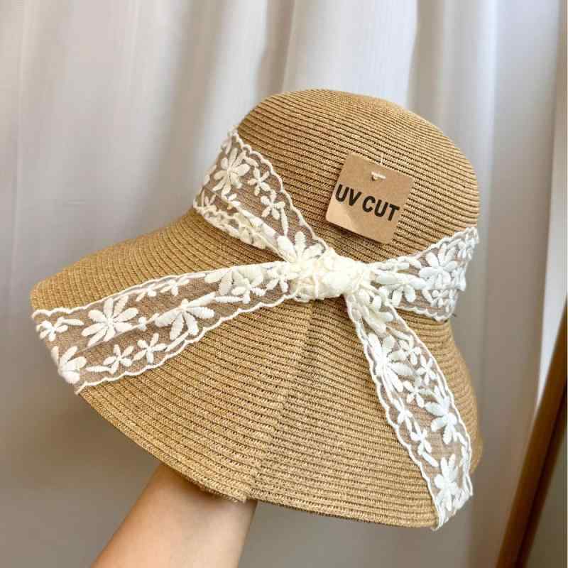 麦わら帽子 レディース 春夏 ビーチ 海 UVカット 折りたたみ 紫外線対策 日よけ つば広 レース リボン かわいい