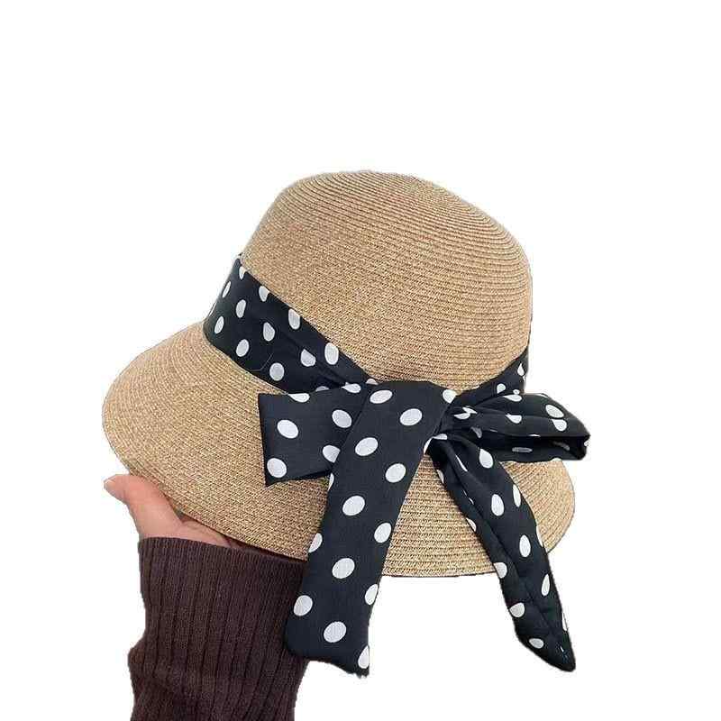 2麦わら帽子 レディース 春夏 折りたたみ可能 波点 蝶結び 漁師帽 ブレードハット 通気性 紫外線対策 日焼け防止 台湾細草・製品カテゴリ: 草帽・帽子の種類: 丸い・つばの形状: 大きいつば・色: ブラック, ホワイト・サイズ: M（5...