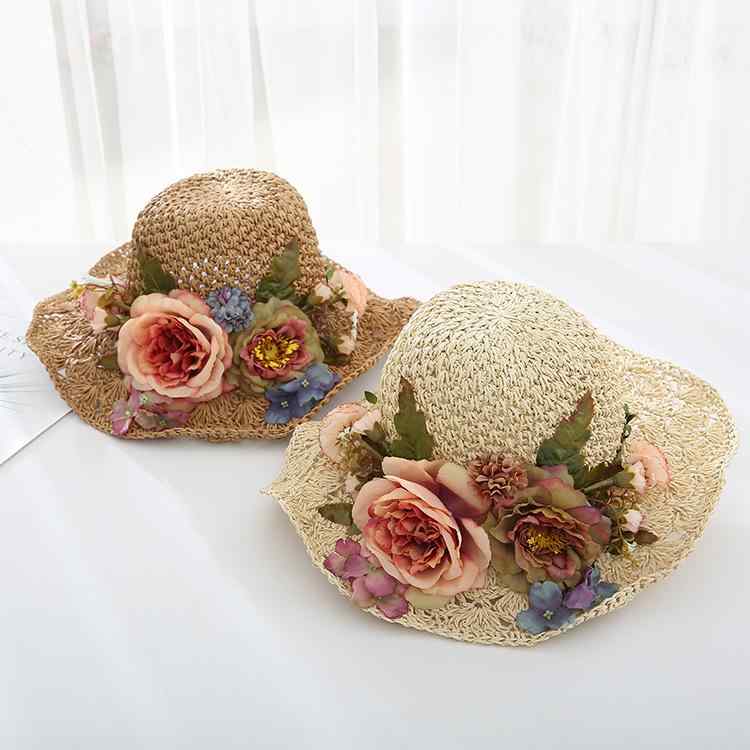 2麦わら帽子 レディース 春夏 ビーチ 遮陽帽子 UVカット 折りたたみ 花柄 小顔効果 つば広 リゾート 旅行