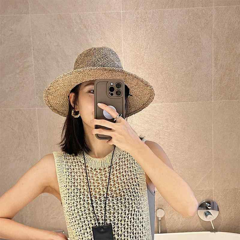 2麦わら帽子 レディース ビーチ 旅行 パナマ帽 镂空 デニム風 カウボーイ ストローハット 日焼け止め UVカット 紫外線対策 リゾート 海辺