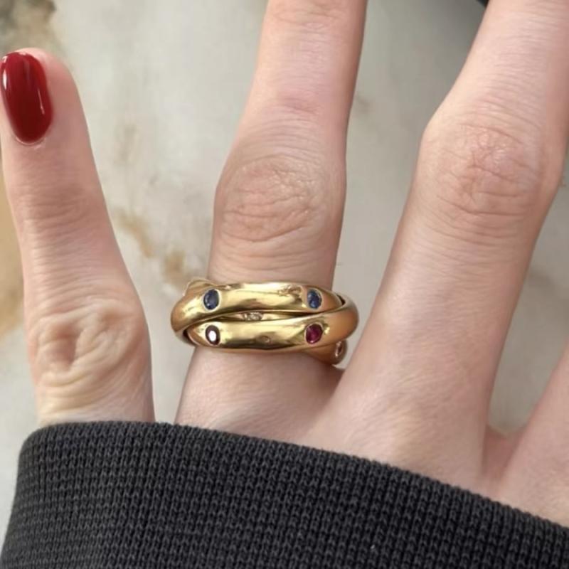 指輪 レディース 三環 リング ジルコニア カラーストーン 復古 アンティーク風 おしゃれ 高見え 女性