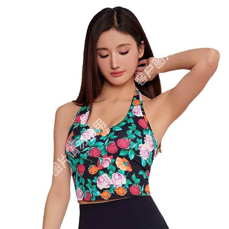 ヨガウェア 背心 タンクトップ 一体型パッド付き スポーツブラ カップ付き トレーニングウェア インナー 接触冷感 吸湿速乾 プリント柄 ノースリーブ