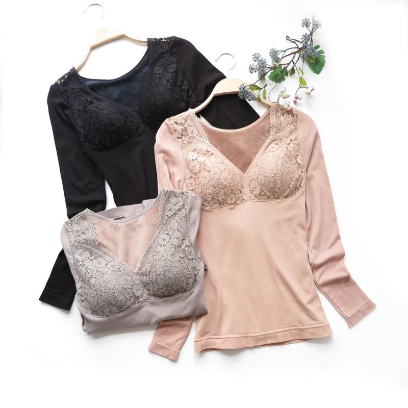 シャツ レディース 秋冬 裏起毛 接触冷感 あったかインナー レース Vネック ブラ 長袖 トップス 肌着