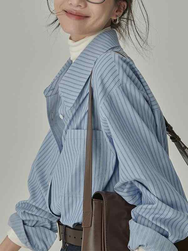 シャツ レディース 秋冬 ブルー ストライプ柄 ゆるふわ 接触冷感 落ち感素材 ブラウス トップス