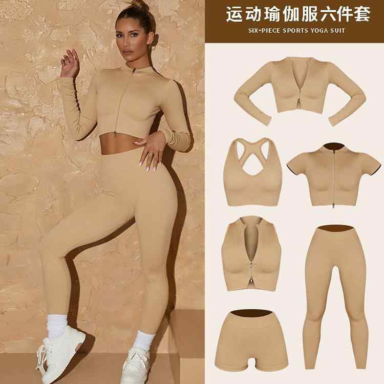 ヨガウェア レディース シームレス 美背 ブラ ジップアップ ハイネック ノースリーブ 長袖 ショートパンツ レギンス 6点セット スポーツ トレーニング 伸縮性 吸湿速乾