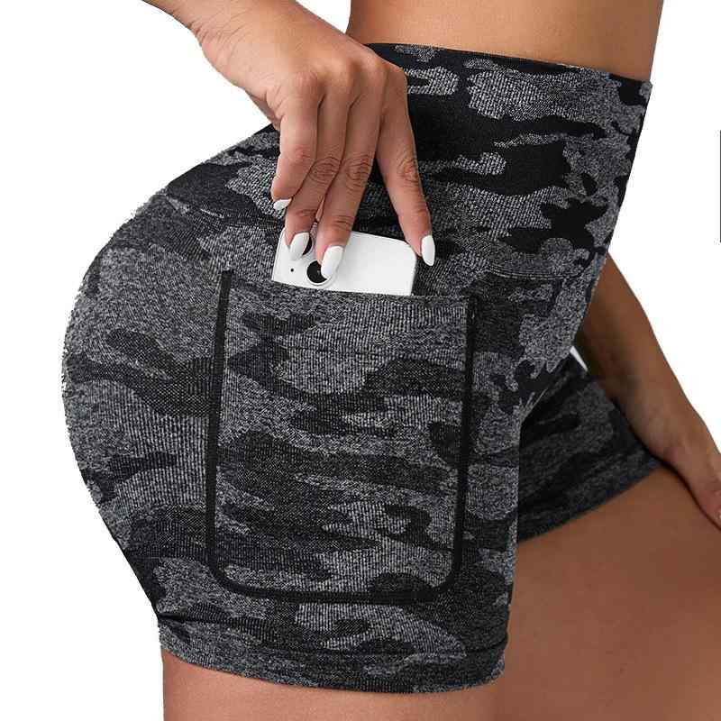 ショートパンツ レディース スポーツ 迷彩柄 ハイウエスト ヨガパンツ シームレス トレーニング フィットネス 短パン 機能性 ポケット付き ヒップアップ
