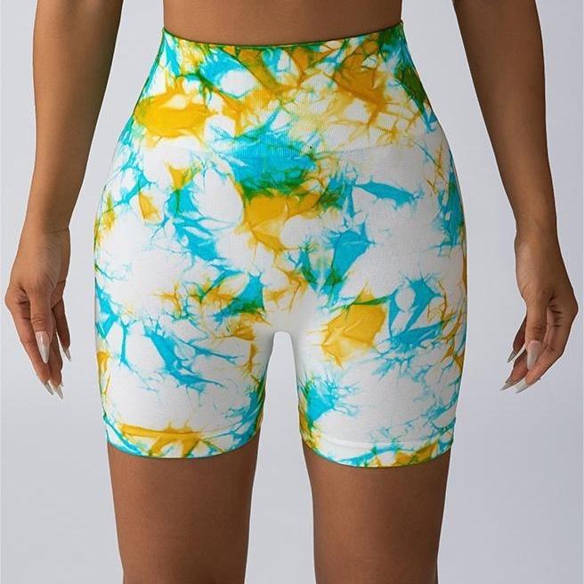 ヨガパンツ レディース シームレス スポーツ ショートパンツ Vウエスト 絞り染め ハイウエスト トレーニングウェア ピーチヒップ ジム 伸縮性 吸汗速乾