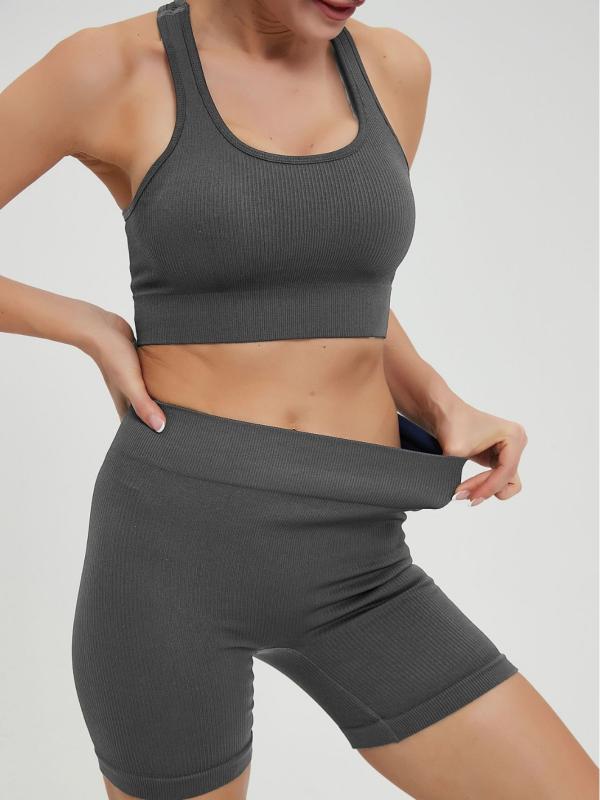 ヨガウェア レディース シームレス リブ 無地 スポーツブラ ショートパンツ セットアップ ランニング トレーニング ヨガ 運動着