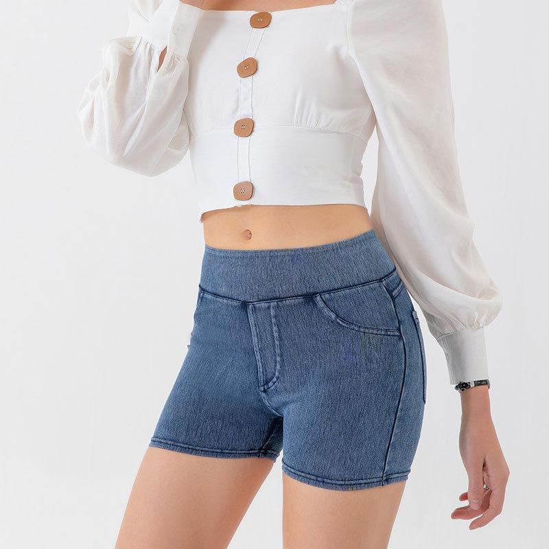 ヨガ デニム ショートパンツ レディース ハイウエスト タイト 美尻 ポケット付き スポーツ カジュアル 外着 三分丈パンツ
