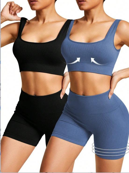 2ヨガウェア レディース 上下セット スポーツブラ ハイウエスト タイツ 無地 6色 シームレス 吸湿 短パン トレーニング 運動用