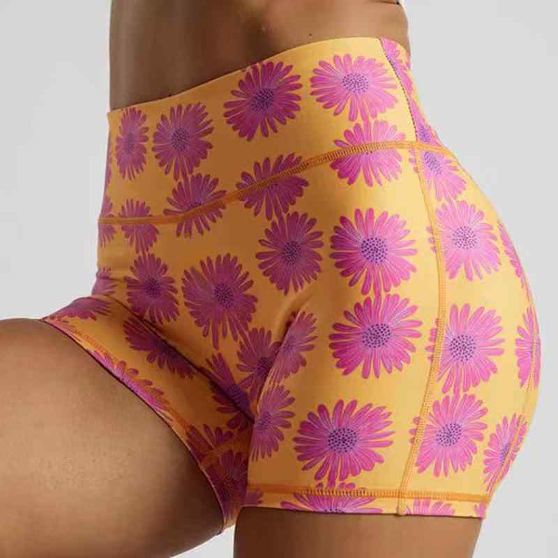 ショートパンツ レディース 高腰 提臀 スポーツ ヨガ ランニング トレーニング 短パン 伸縮性 吸湿速乾・素材: 涤纶、氨纶・カラー: 爱心红, 雪花藍, 太阳花, 雏菊花・パンツ丈: 及臀・ボトムス種類: 短パン・サイズ: S, M, L