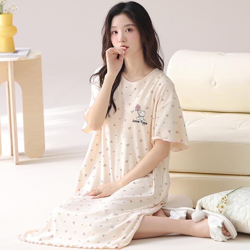 ワンピース レディース 春夏 半袖 ルームウェア 接触冷感 防走光 部屋着 マキシ丈 ミモレ丈 かわいい 大きいサイズ ゆったり・素材: 綿100%・タイプ: ワンピース・生地厚さ: 薄手 (約110g/平方メートル)・ネックライン: ラウ...