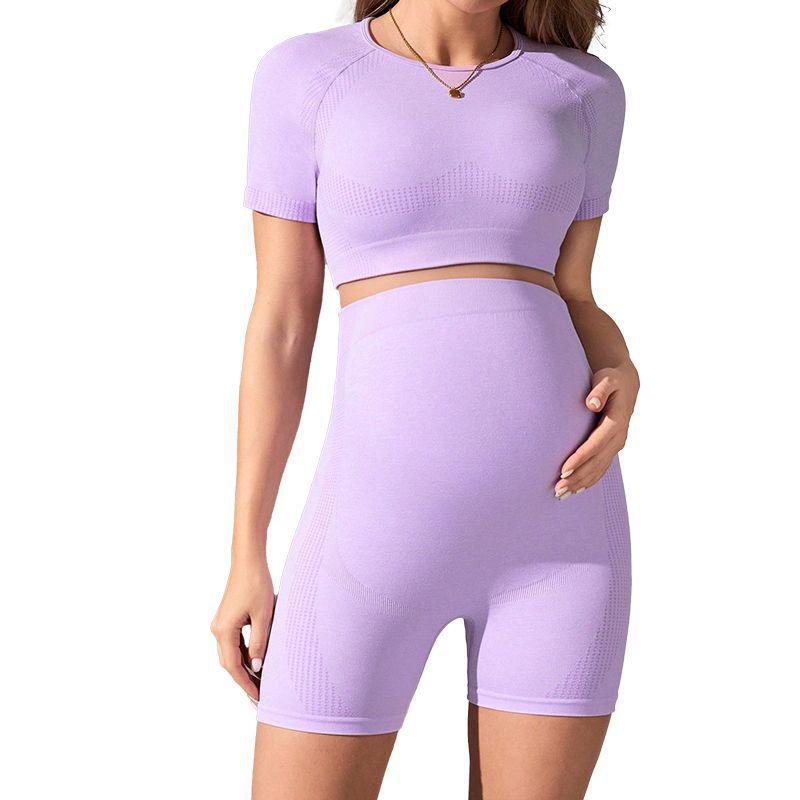 2マタニティヨガウェア セットアップ ヨガ 半袖 ショートパンツ ハイウエスト シームレス 腹サポート スポーツ トレーニング 普段使い ルームウェア