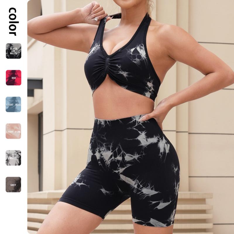 ヨガウェア レディース 上下セット シームレス 絞り染め スポーツブラ ハイウエスト ショートパンツ セクシー 体系カバー 背中見せ 接触冷感 吸湿速乾