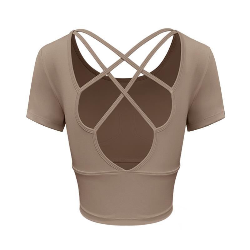 ヨガウェア レディース 春夏 へそ出し クロスデザイン パッド付き ebbタンクトップ スポーツ アウトドア 半袖 フィットネス ウェア トップス
