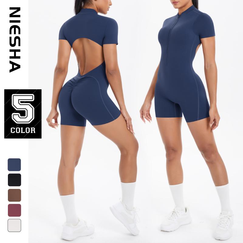 ヨガウェア レディース 半袖 ジッパー付き オールインワン 接触冷感 伸縮性 スポーツ 運動 健身 美尻 ヒップアップ
