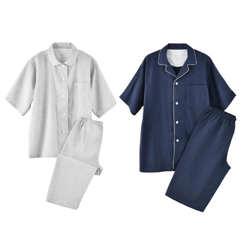 パジャマ レディース メンズ 半袖 ワッフル 接触冷感 夏 上下セット 綿 涼しい 無印風 部屋着 寝巻き ルームウェア