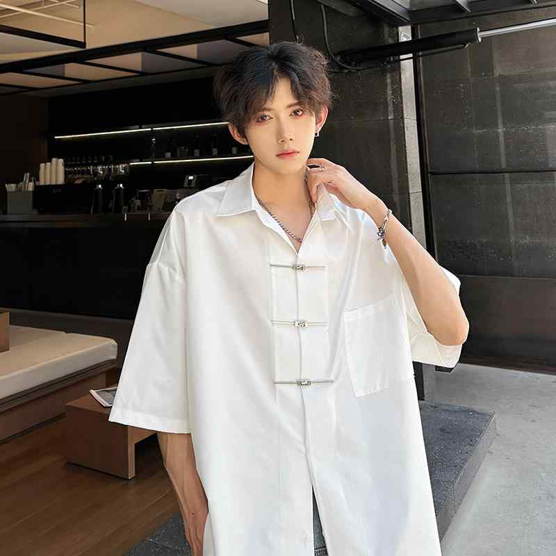 シャツ メンズ 男性用 半袖シャツ 接触冷感 唐装風 デザインシャツ 高級感 電気メッキ加工 普段使い・素材: ポリエステル繊維・素材機能: 免烫・生地密度: 30支・スタイル: 韓国版・タイプ: カーディガン・フィット: ゆったり・襟型:...