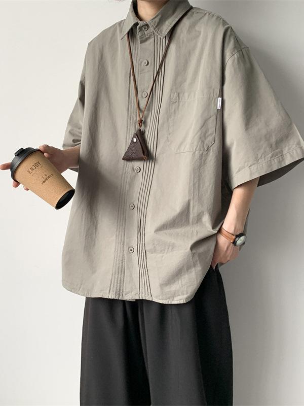 シャツ メンズ 男性用 レトロ オーバーサイズ 半袖 トップス カジュアル ワーク ウェア ゆったり シワ加工