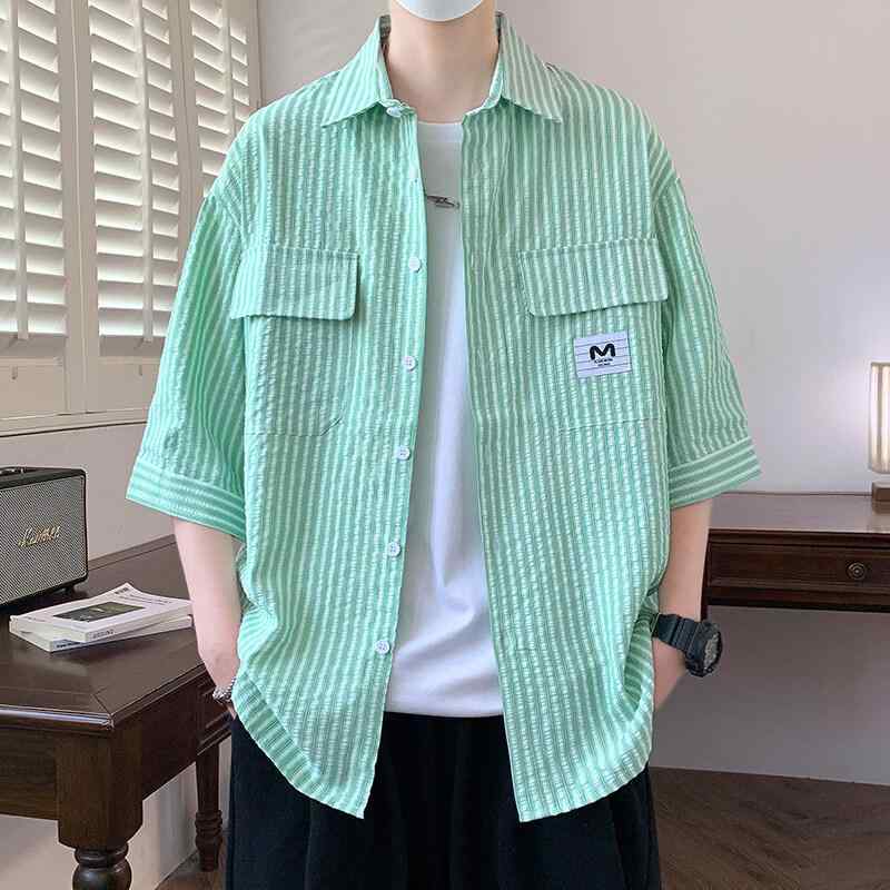2シャツ メンズ 男性用 ストライプ 五分袖 中袖 宽松 ダブルポケット