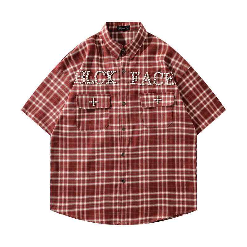 シャツ 男性用 レトロ風 立体 パール アルファベット デザイン 半袖シャツ 宽松 カジュアル ペア 普段使い トップス・面料名称: 化纤类混紡・材质功能: その他・面料支数: 30支・スタイル: アメリカンレトロ・款式: カーディガン・版...