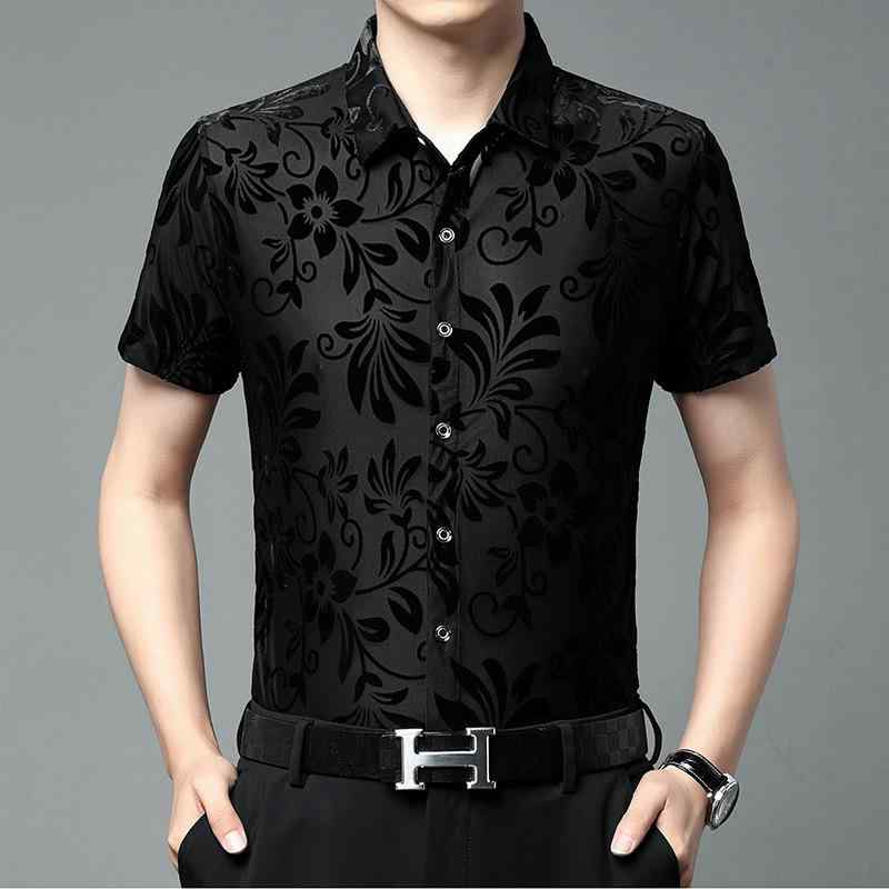 シャツ メンズ 男性用 半袖 ダンス 提花 シアーシャツ トップス おしゃれ サマー 薄手・素材: 醋酯纤维・素材機能: 透气,可机洗・スタイル: 港风・対象年齢: 24-35歳・デザイン: 开衫・フィット: 合体型・襟のタイプ: 翻领・袖...