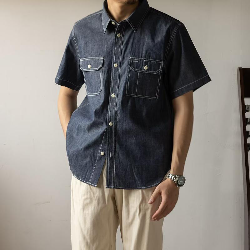 シャツ 男性用 レトロ ワークシャツ 半袖 ウエスタン デニム ルーズフィット カバーオール 襟付き・生地名: 化学繊維混紡・素材機能: 防しわ・スタイル: 軽熟カジュアル・対象: 青春流行（18-24歳）・デザイン: カーディガン・フィッ...