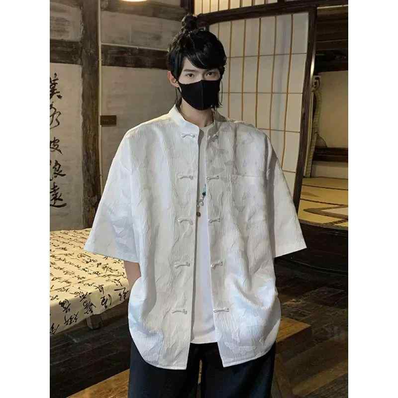 シャツ メンズ 半袖 チャイナ風 トップス 漢服風 中山服 唐装 羽織り 電気メッキ加工 ボタン 接触冷感