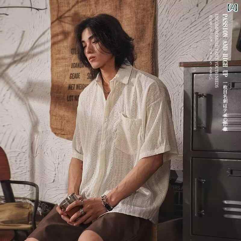 シャツ メンズ レトロ 小柄 デザイン 半袖 カジュアルシャツ 民族風 痞帅 トップス 羽織り・素材: 化繊類混紡・素材機能: 免烫・スタイル: 韩版・款式: 开衫・版型: 宽松型・領型: 襟付き・袖丈: 半袖・柄: 無地・・ディテール: ...