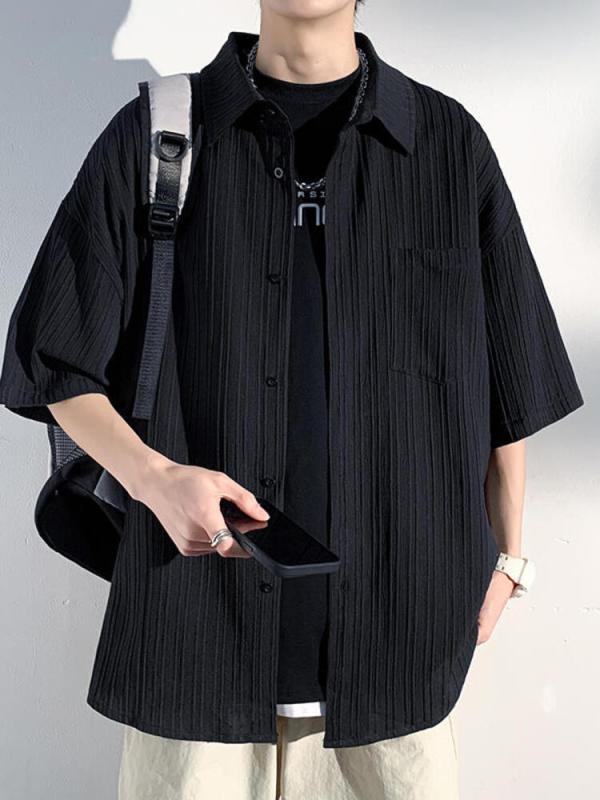 シャツ メンズ 男性用 トップス 薄手 接触冷感 ドレープ感 ゆったり 電気メッキ加工 ブラック 黒