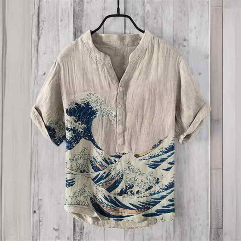 2シャツ 男性用 大きいサイズ 半袖 トップス 三つボタン プリント 通気性