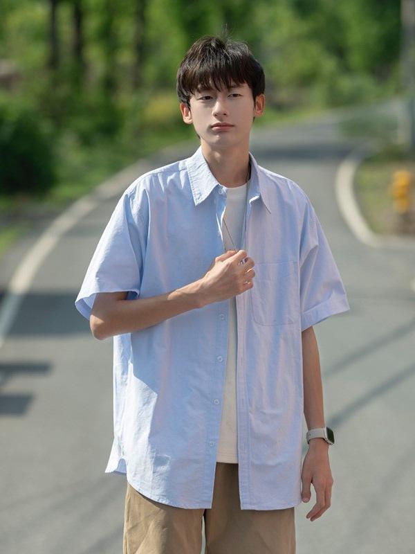 シャツ メンズ 半袖 ブルー 夏 日本製 ゆったり トップス 青少年 カジュアル 襟付き シャツジャケット