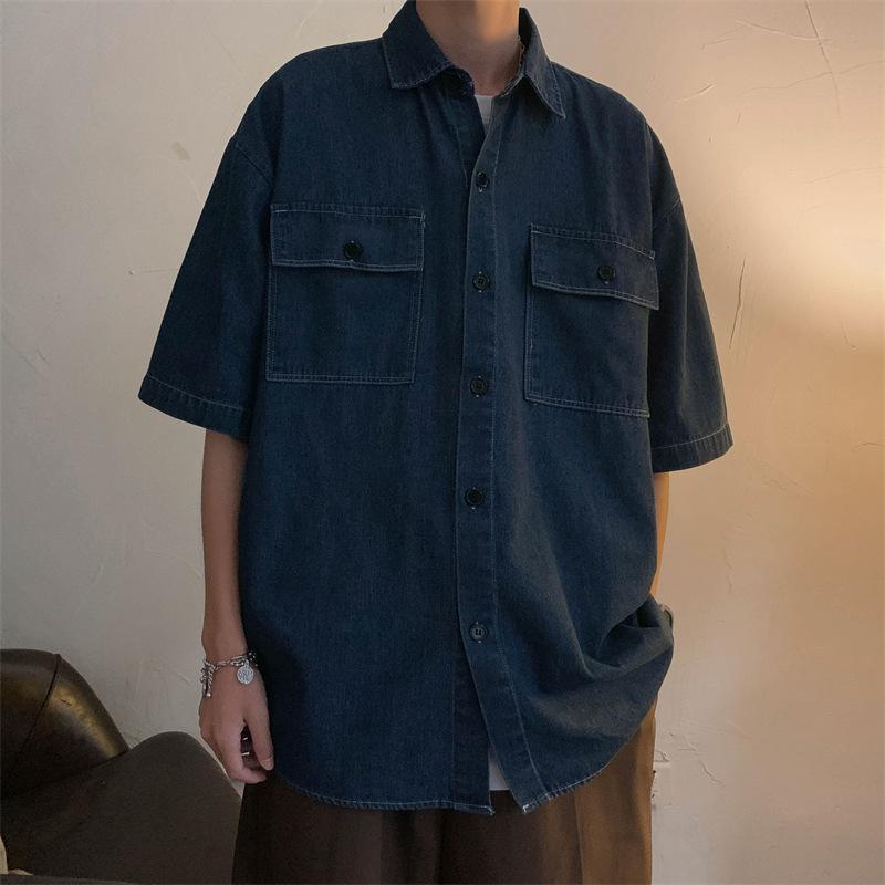 シャツ メンズ 男性用 デニムシャツ 半袖 ワークシャツ レトロ ヴィンテージ風 ゆったり ポケット