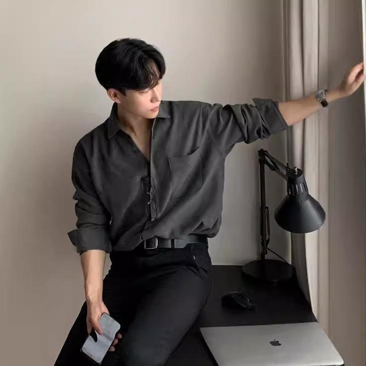 シャツ 男性用 グレー系 襟付き ルーズ 長袖 トップス 韓国 ストリート系 カジュアル