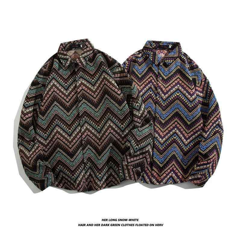 シャツ 男性用 長袖 秋冬物 ゆったり 羽織り レトロ バロック調 日本 刺繍 織り模様 エスニック デート