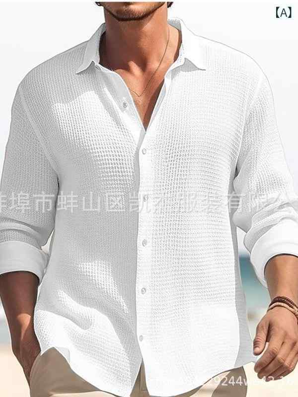 シャツ メンズ 男性用 長袖シャツ 無地 襟付き ワッフル生地 カジュアル リゾート