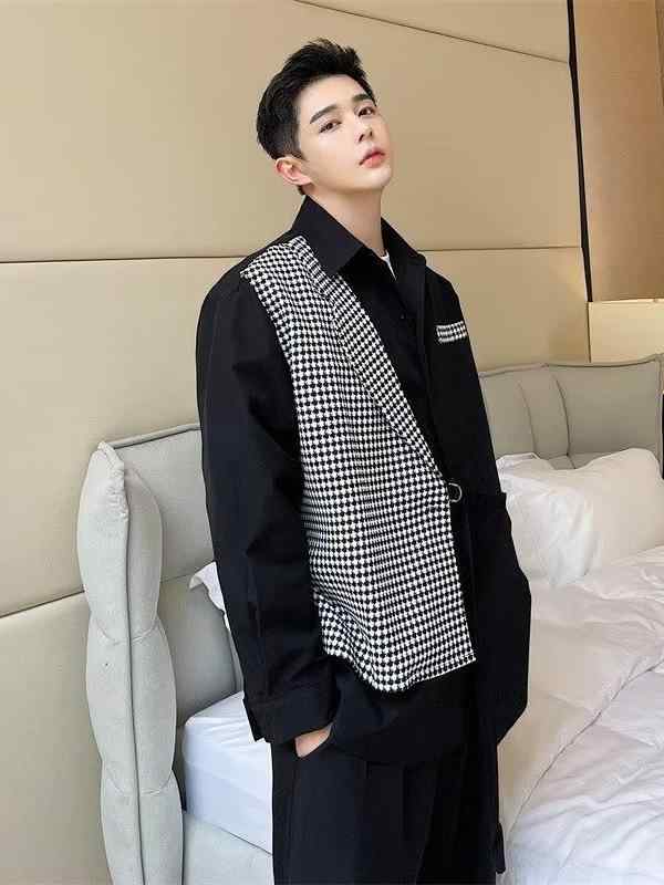 シャツ 男性用 韓国 豪華感 配色 切り替え デザイン 長袖 トップス インスタ映え