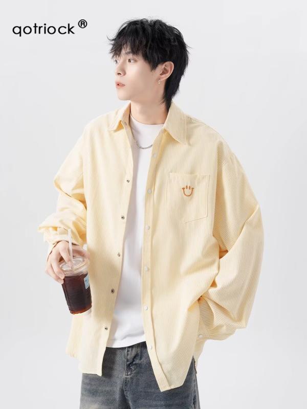 シャツ 男性用 春物 長袖 ストライプ コットン ゆったり 刺繍 カジュアル アメカジ