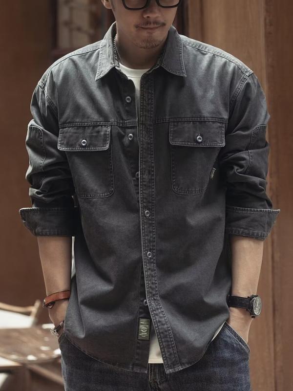 シャツ 男性用 長袖 デニム ウェスタン ワークシャツ トップス 普段使い アウトドア ゆったり ビッグシルエット カジュアル 春秋・スタイル: ・款式: 開衫・版型: 宽松型・领型: 翻领・袖丈: 長袖・图案: 纯色・厚薄: 普通・误差范...