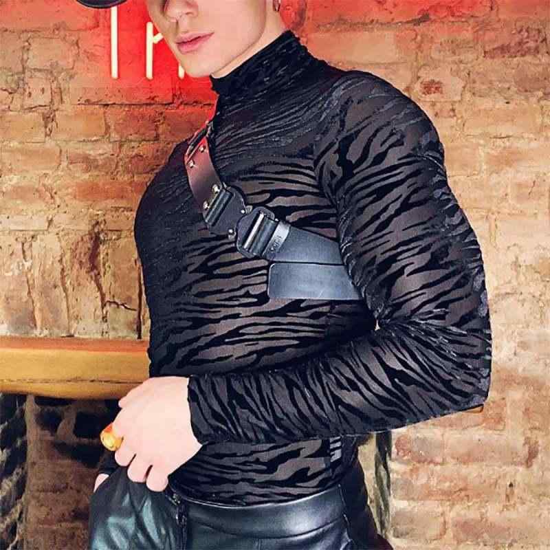 2Tシャツ 男性用 ゼブラ柄 ストレッチ インナー トップス シースルー ハイネック 長袖 伸縮性 通気性 レイヤード モード系 アニマル柄 スリムフィット