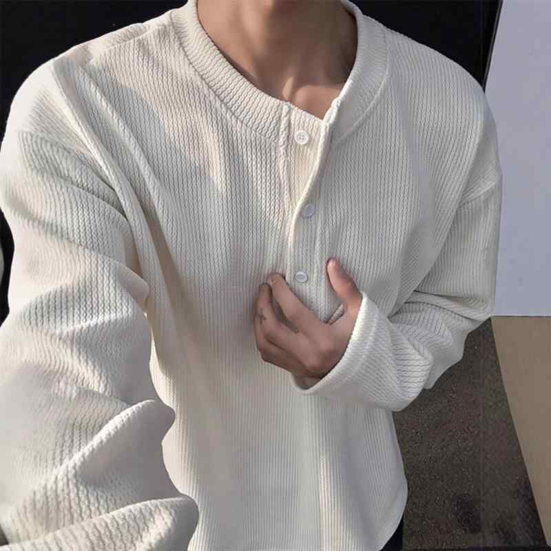 Tシャツ メンズ 長袖 ヘンリーネック カットソー ボタン付き リブ 質感 プルオーバー 春物 カジュアル・スタイル: 港风・主な素材: ポリエステル繊維・柄: 無地・フィット: ゆったり・対象: 青少年・袖丈: 長袖・ネックライン: ラウ...