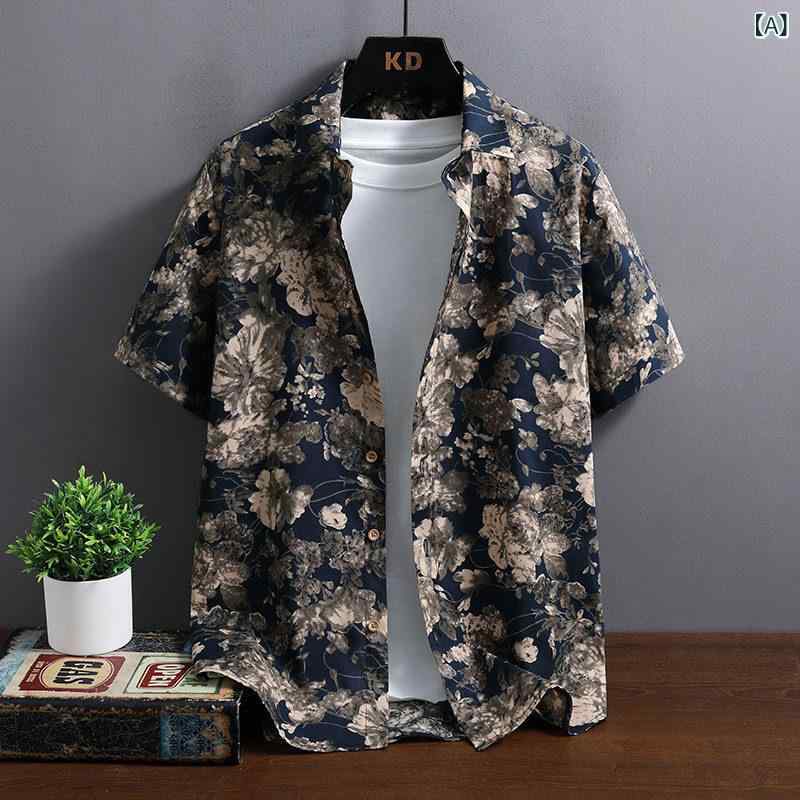 シャツ 男性用 花柄 半袖 スリムタイプ トップス・生地名称: 綿混紡・材質機能: 高弾性・スタイル: 流行・対象年齢: 18-24歳・デザイン: カーディガン・フィット: ゆったり・襟型: 襟付き・袖丈: 半袖・柄: -・・ディテール: ...