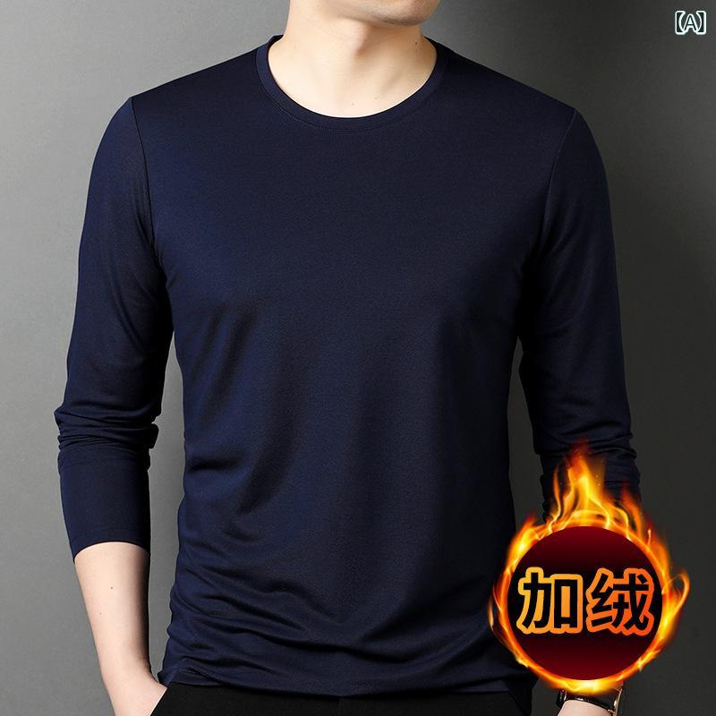 Tシャツ メンズ 男性用 裏起毛 厚手 混紡 秋冬 ラウンドネック 韓国 インナーシャツ プルオーバー トップス 暖かい 防寒