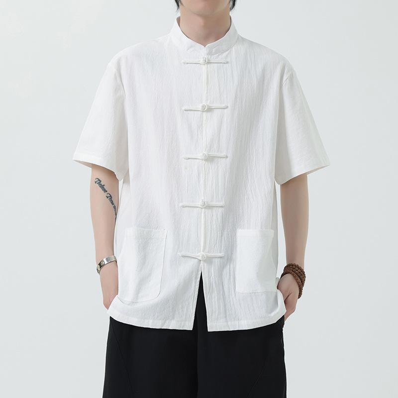 シャツ メンズ 男性用 チャイナ風 新中式 綿麻 唐装 半袖シャツ レトロ スタイル スタンドカラー シャツ 開襟シャツ