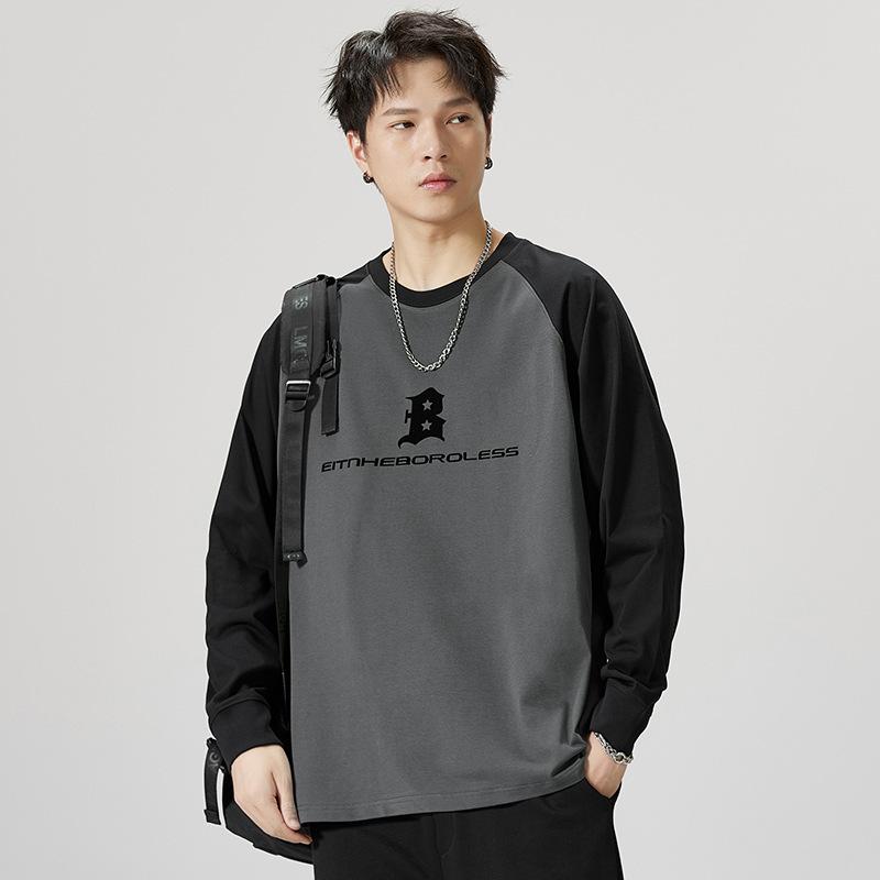Tシャツ メンズ 男性用 ラウンドネック 長袖 切り替え ゆったり ヘビーウェイト 秋冬 トップス カットソー[ "・スタイル: 日式复古", "・主な素材: 亜麻", "・柄: ストライプ...