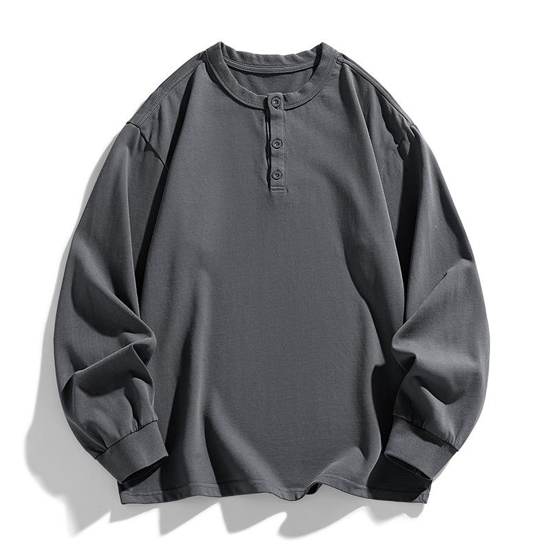 Tシャツ メンズ 男性用 ヘンリーネック トップス 長袖 カットソー 厚手 綿 コットン ウォッシュ加工 豪華感 無地 シンプル カジュアル
