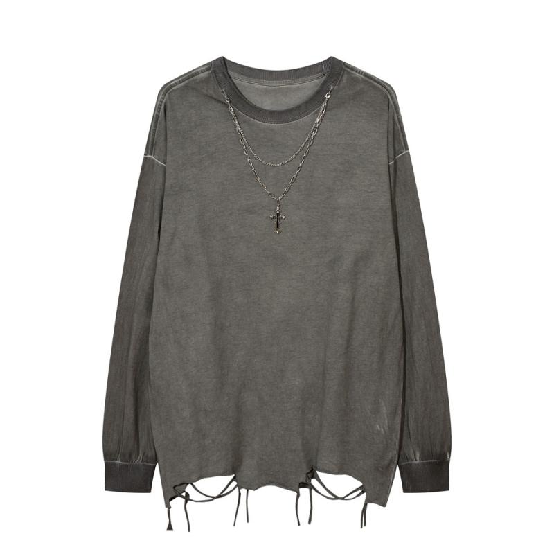 Tシャツ 男性用 長袖 カットソー ダメージ加工 グランジ パンク ネックレス付き 春秋